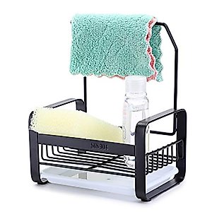 JUXYES Stainless Steel Sponge Holder with Dishcloth Drying Rack, Kitchen Sink Organizer Caddy Tray Sponge Brush Soap Holder with Removable Drain Tray for Kitchen (S, Black)