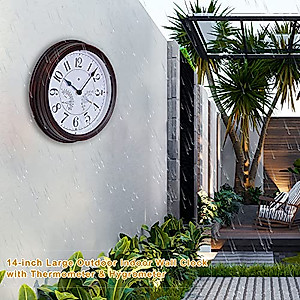 LOMANDA 14 Inch Indoor Outdoor Clock, Large Waterproof Wall Clock with Thermometer Hygrometer, Illuminated by Sound Controlling, Decor for Home, Kitchen, Pool, Patio