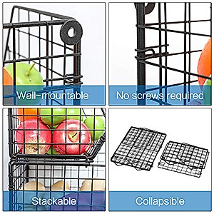 X-cosrack Fruit and Vegetable Basket,2-Tier Wall-mounted & Countertop Tiered Storage Baskets for Potato Onion Storage,Stackable Kitchen Wire Baskets for Fruit Veggies Produce Snack Canned Foods,Black