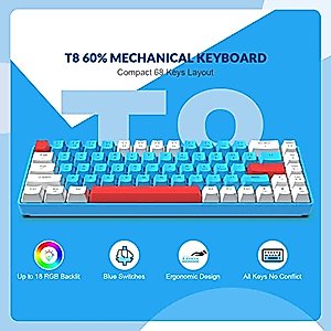 ZIYOU LANG RK-T8 Wired 65% Mechanical Gaming Keyboard with RGB LED Backlit Anti-ghosting TKL Mini 68 Key Custom Coiled C to A Cable Tactile Blue Switch for PS4 PS5 Xbox PC Mac Gamer(White/Blue/Red)