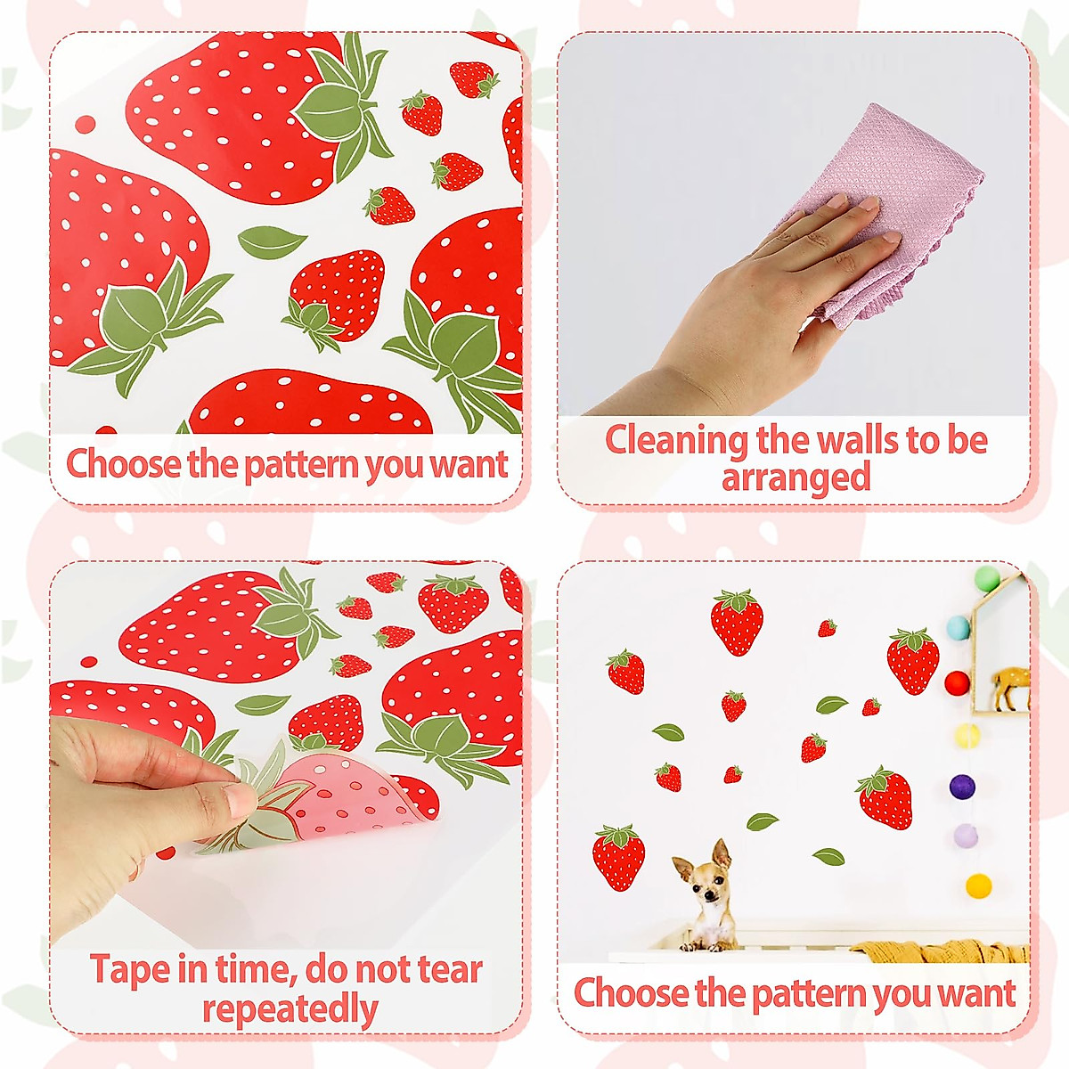 4 Pages Strawberry Stickers, Cute Strawberry Shortcake Stickers, Waterproof Removable Strawberry Wallpaper Stickers for Girl Decorations