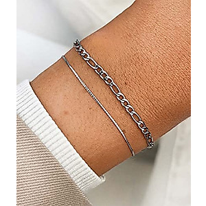 Honsny 6PCS Stainless Steel Bracelets for Women Men,14K Gold Plated Cuban Link Paperclip Chain Bracelet Dainty 6.3/7/7.8/9.5 Inch Stainless Steel Bracelet Set Fashion Jewelry