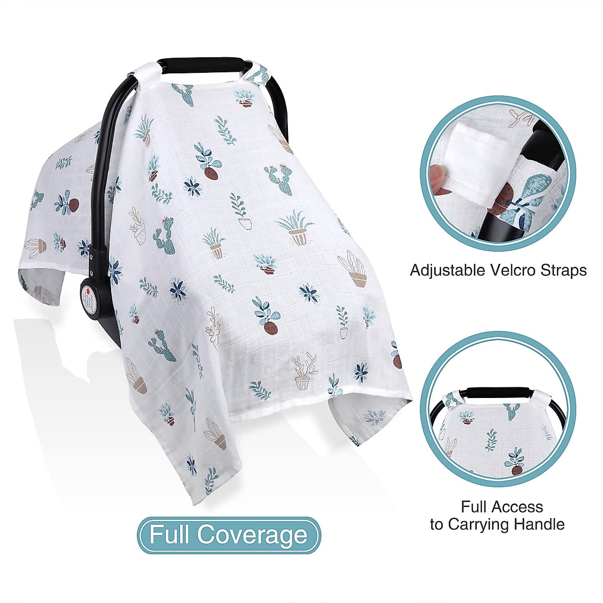 Muslin Carseat Cover for Boys Girls, Breathable Infant Car Seat Canopy, Lightweight Baby Carrier Cover, Newborn Shower Gift, Fit Spring Summer/Hot Days/Warm Weather, Cactus
