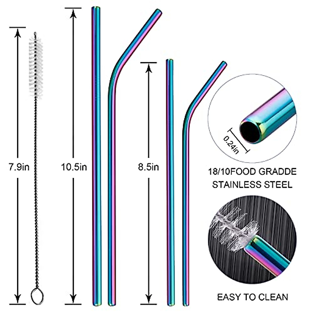 16-Pack Reusable 18/10 Stainless Steel Metal Straws with Silicone Tips & Cleaning Brush, Suotarn Long Drinking Straws for 20 24 30 oz Coffee Tumbler Travel Mug Cup, Dishwasher Safe, Rainbow