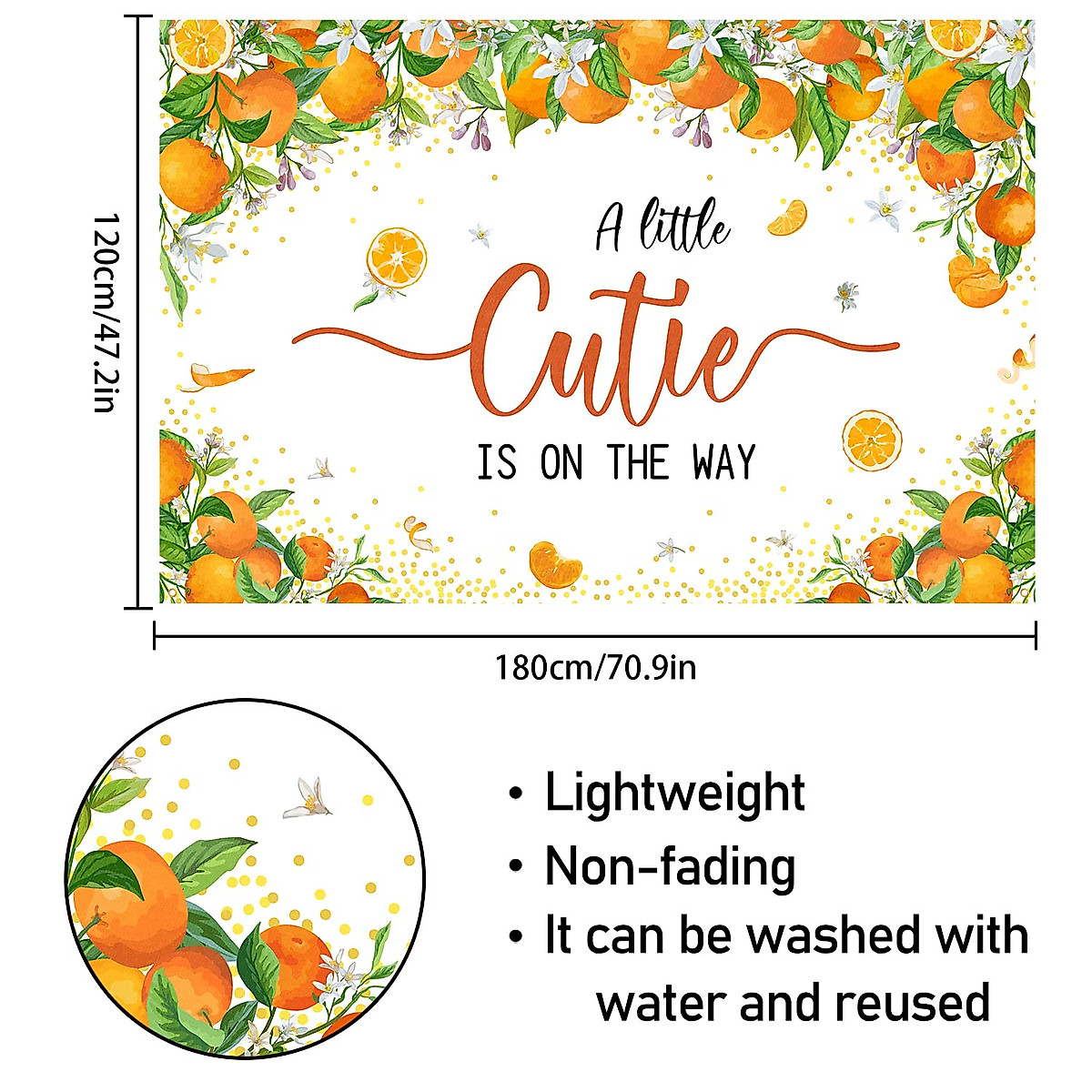 A Little Cutie is on the Way Backdrop Banner Decor White - Orange Baby Shower Party Theme Decorations for Newborn Baby Birthday Supplies, 3.9 x 5.9 ft