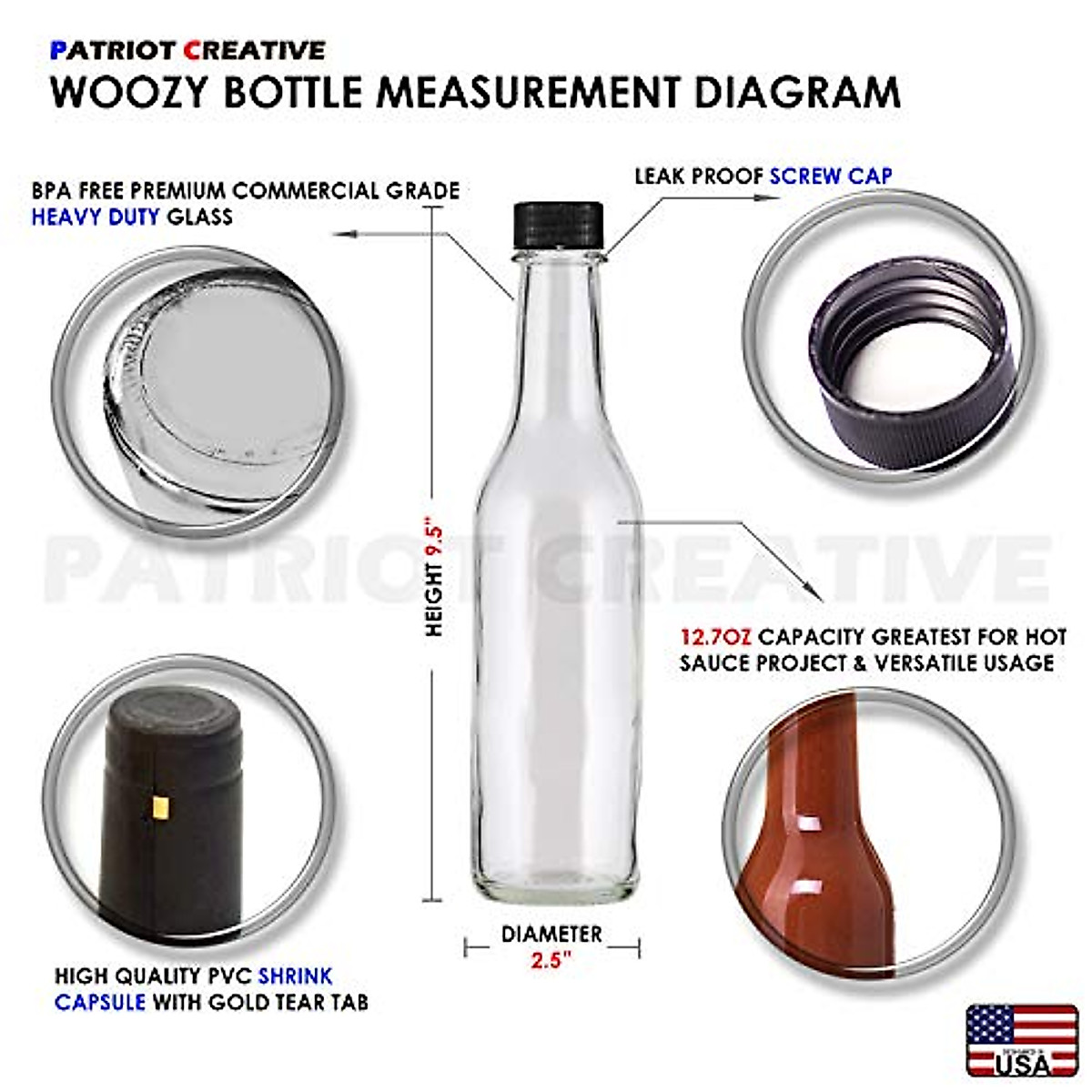 Woozy Bottles Empty 12.7 Oz Complete Sets of Premium Commercial Grade Clear Glass Dasher Woozy Bottle Shrink Capsule with Gold Tear Tab Leak Proof Screw Cap (Black 12 Sets) - 12 oz