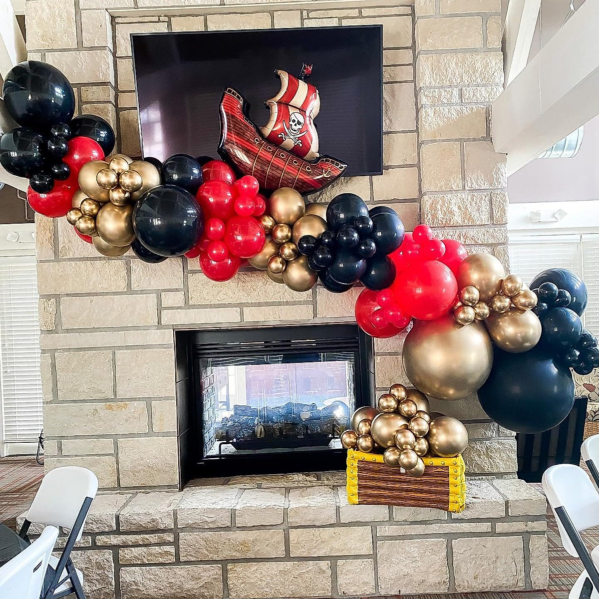 Pirate Ship Party Decorations, 142PCS Red Black Metallic Gold Balloon Arch Garland Kit with Pirate Ship Foil Mylar Balloon for Boys Birthday Ocean Pirate Theme Baby Shower Party Decoration Supplies