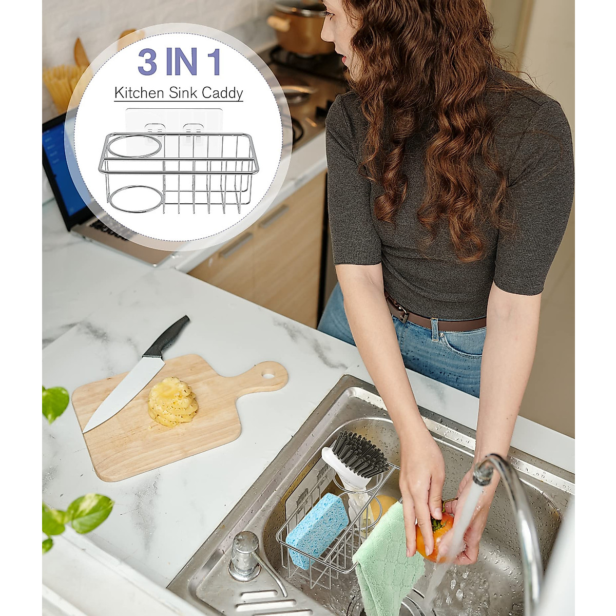 3 in 1 Sink Caddy Sponge Holder, VIS'V 304 Stainless Steel Adhesive Kitchen Sink Basket Sponge Holder Brush Holder Dishcloth Hanger Kitchen Sink Accessories Organizer Rack with 2 Suction Cups - Silver