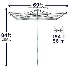 Strata Heavy Duty Parallel Rotary Outdoor Drying Rack - 184 Feet Umbrella Clothesline Dryer, Aluminum & Steel Frame Outside Clothes Drying Rack, Silver