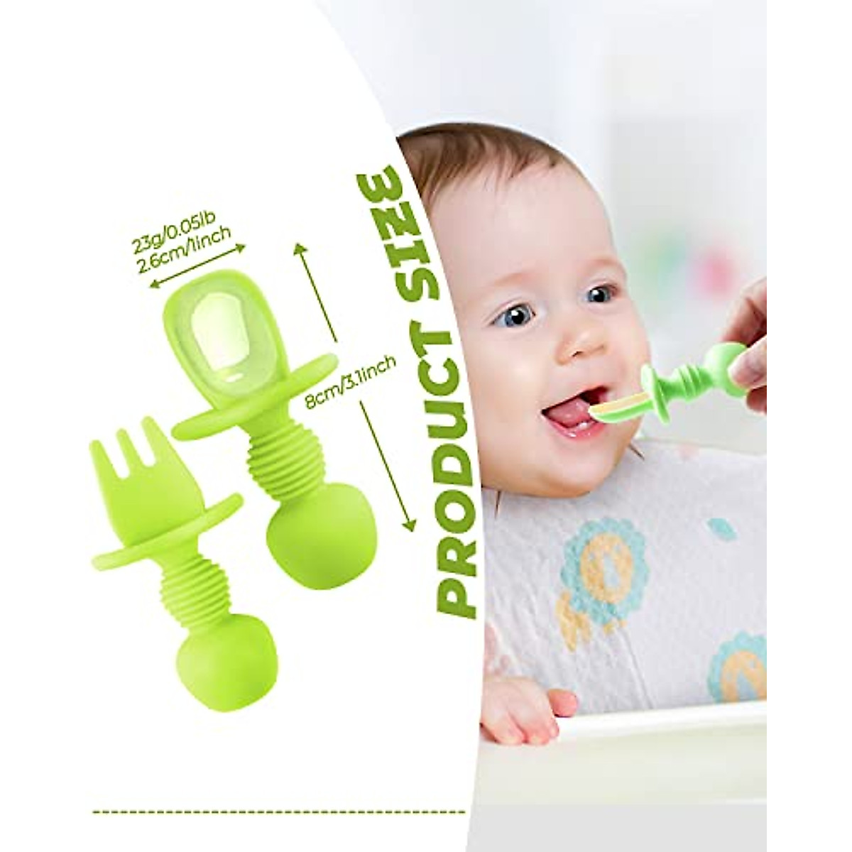 2 Pcs Baby Spoons Self Feeding 6 Months, Silicone Baby Spoons First Stage and Baby Fork, Toddler Utensils for Baby Led Weaning with 1 Case (Green))