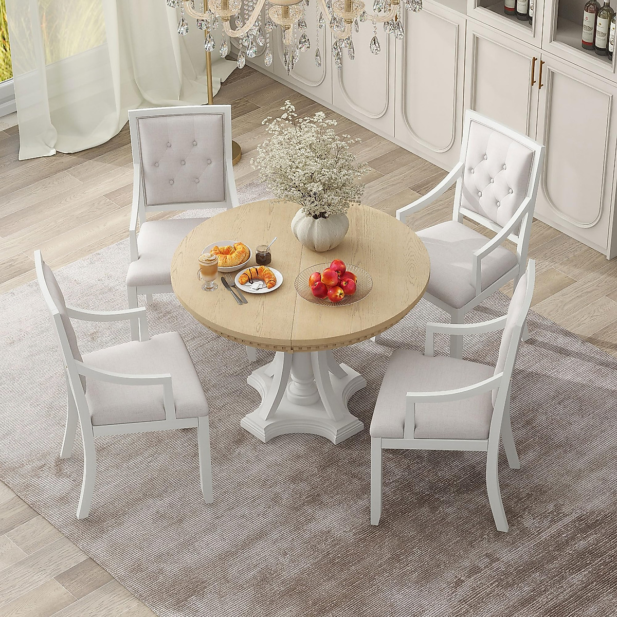 KoiHome, Wood Two-Size Round to Oval Butterfly Leaf, 4 Upholstered Armrest for 4 (Natural Oak+ Antique White), 5-Piece Extendable Dining Table/Chairs Set