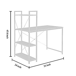 Coral Flower Tower Computer Desk with 4 Tier Shelves - 55'' Multi Level Writing Study Table with Bookshelves Modern Steel Frame Wood Desk Compact Home Office Workstation ，Natural Brown