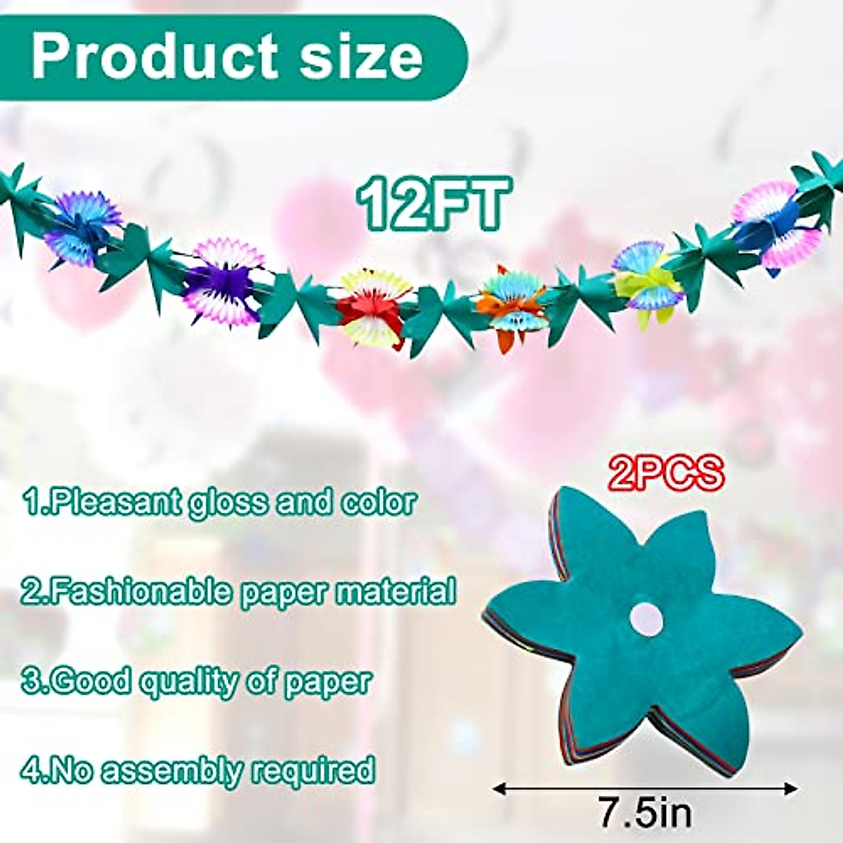 BUSOHA 2Pack Tissue Flower Garland - 12 Feet Long Tropical Multicolored Paper Flower Garland Banner for Hawaiian Luau Summer Tiki Bar Tropical Birthday Baby Shower Wedding Party Decorations Supplies