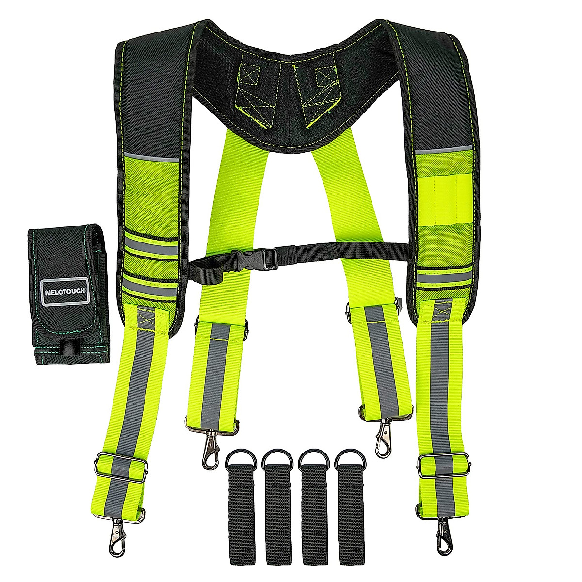 MELOTOUGH Reflective Safety Suspenders Tool Belt Suspenders Construction Work Suspenders with detachable phone holder comfortable foam shoulder padder (Lime)