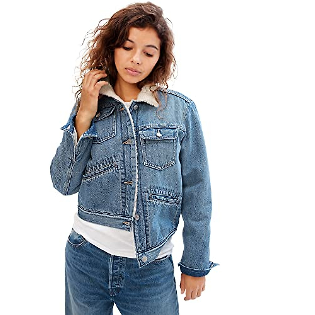 GAP womens Sherpa Icon Denim Jacket, Medium Wash, X-Large US