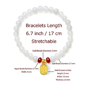ZHOU LIU FU 24K Solid Gold Bracelets, Real Pure Gold Jewelry White Nephrite Jade Beaded Bracelets Dainty Gold Fortune Plate for Women Men Teen Girls