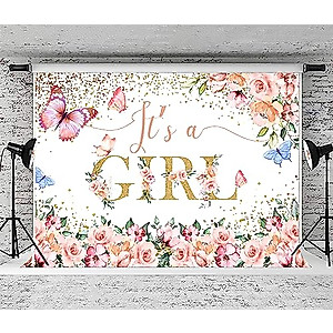 Withu It's a Girl Backdrop for Baby Shower Party Decorations Blush Pink Floral Rose Flowers Butterfly Glitter Gold Dots Photo Booth Banner Photoshoot Photography Background 7x5ft