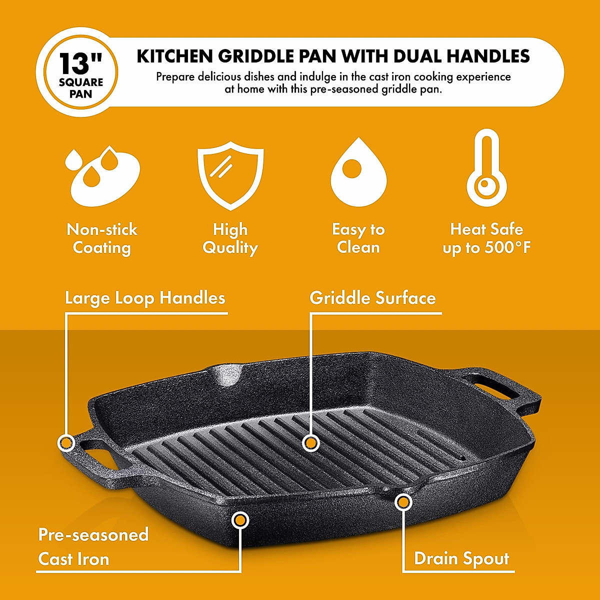 Bruntmor 13-Inch Cast Iron Grill Pan Pre-Seasoned Cast Iron Pan for Stovetop and Outdoor Use - Induction Compatible Griddle Cookware with Ridges for Steak, Meats, and Vegetables