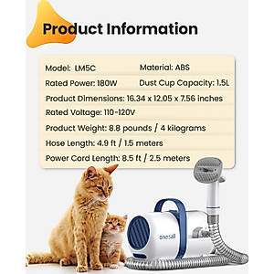 oneisall Cat Vacuum Brush for Shedding Grooming, Low-Noise Pet Grooming Vacuum for Cats Long Short Haired, Cat Grooming Brush for Loose Fur and Undercoat, Pet Hair Removal Between Seasons