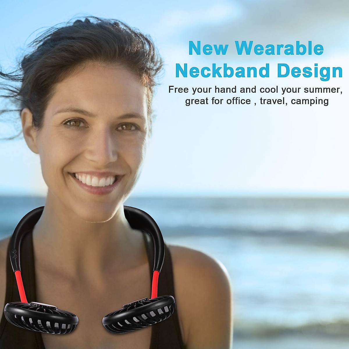 Hand Free USB Personal Fan Rechargeable Mini LED Neck Fan Headphone Design Sports Fan Heads Rotatable Neckband Fan, 2000mAh, 3 speeds, Quiet, Portable for Office Reading Travel Camping (Black)