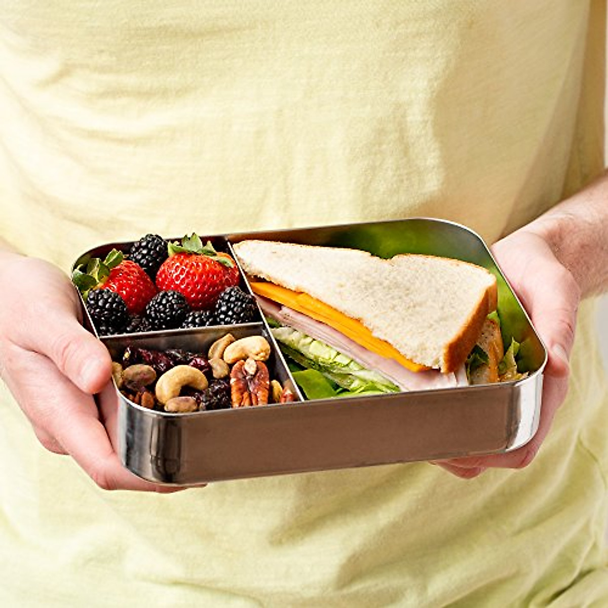 LunchBots Large Trio Stainless Steel Lunch Container -Three Section Design for Sandwich and Two Sides - Metal Bento Lunch Box - Eco-Friendly - Stainless Lid - Pink Dots