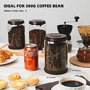 Tourdeus Glass Coffee Container - 900ml x 2 Pop Top Coffee Storage Airtight Canister, Large Ground Coffee Containers Coffee Jars with Lids 300g Brown