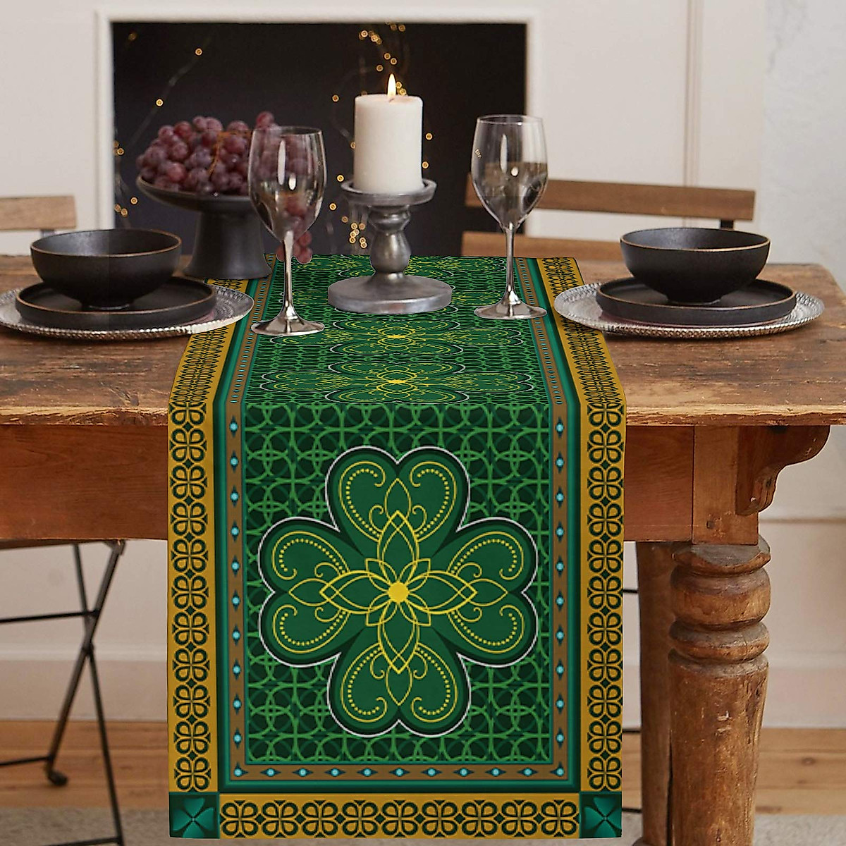 WAZZIT St. Patrick's Day Cotton Table Runner Decorative - Holiday Table Setting Decor Single Layer 13x70inch Traditional Shamrock Irish Decor Retro Geometric