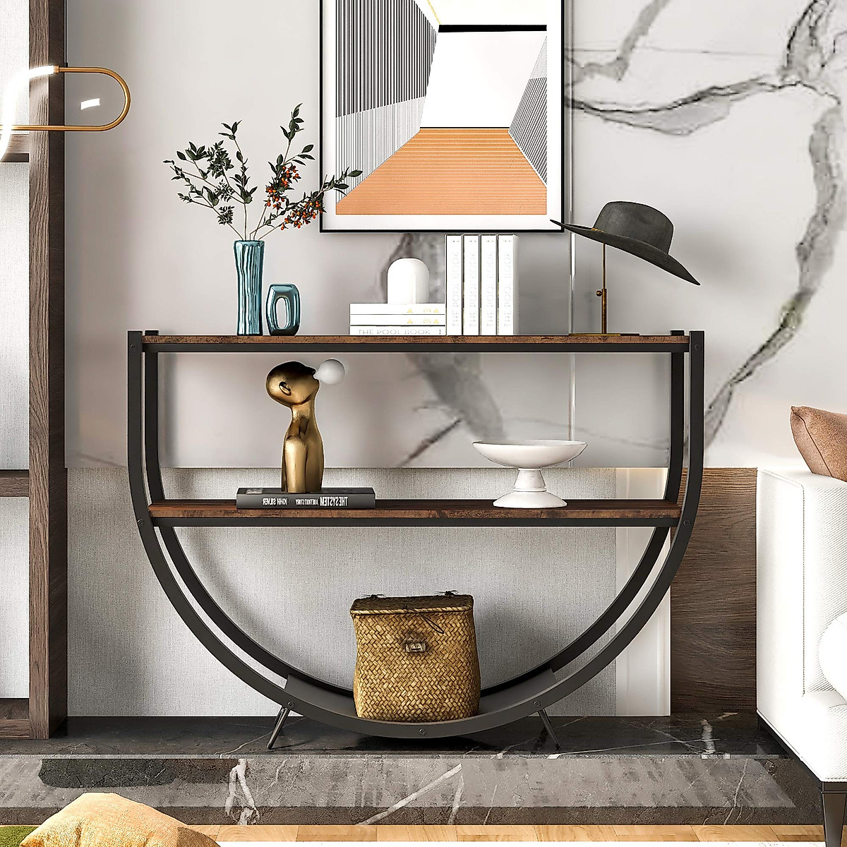 GINGVAT Semilune Shape Metal Distressed Support Console Table with Rustic Industrial Design and 2 Tiers Large Storage Space Textured Wood Book Shelves,Brown