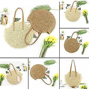 Women's Straw Handbags Large Summer Beach Tote Woven Round Pompom Handle Shoulder Bag(Khaki)
