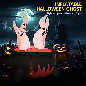 Outsunny 4ft Halloween Inflatables Outdoor Decrations White Ghosts in Red Cauldron, Blow Up LED Yard Decor for Garden, Lawn, Party, Holiday