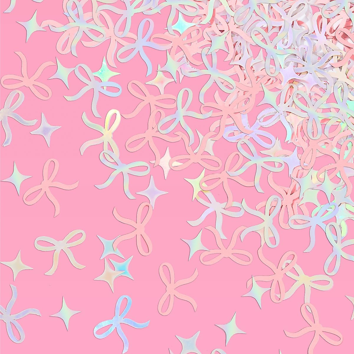 xo, Fetti Bow Confetti - 200 pc | Bachelorette Party Pink and Iridescent, Engagement Party Decoration, Tying the Knot Table Decor, Bride To Be Coquette Ribbon Bridal Shower Supplies