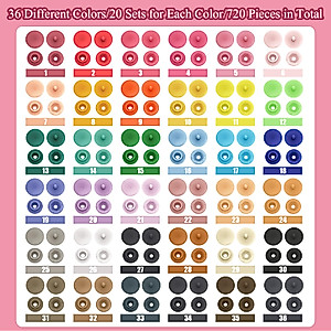Lyrow 720 T5 Plastic Snap Buttons for Sewing and Crafting No Sew Snaps Fabric Bib Snaps Colorful Buttons Starter Fasteners for Clothing Bibs Diapers Doll Crafts, 36 Colors