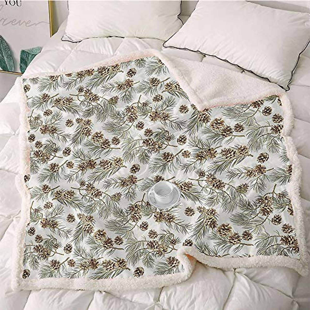 Pinecone Fleece Throw Blanket,Scenery Illustration of Hand Painted Pine Tree Branches and Sepia Cone Blanket Small Quilt,Warm Blanket(60x80,Brown Green)