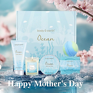 Spa Gifts for Women,Bath Set with Ocean Scented Spa Gifts Box for Her,Includes Scented Candle,Body Butter,Hand Cream,Bath Bar and Bomb,5 Pcs Bath Set,Gifts Set for Women,Mom,Mother's Day Gifts
