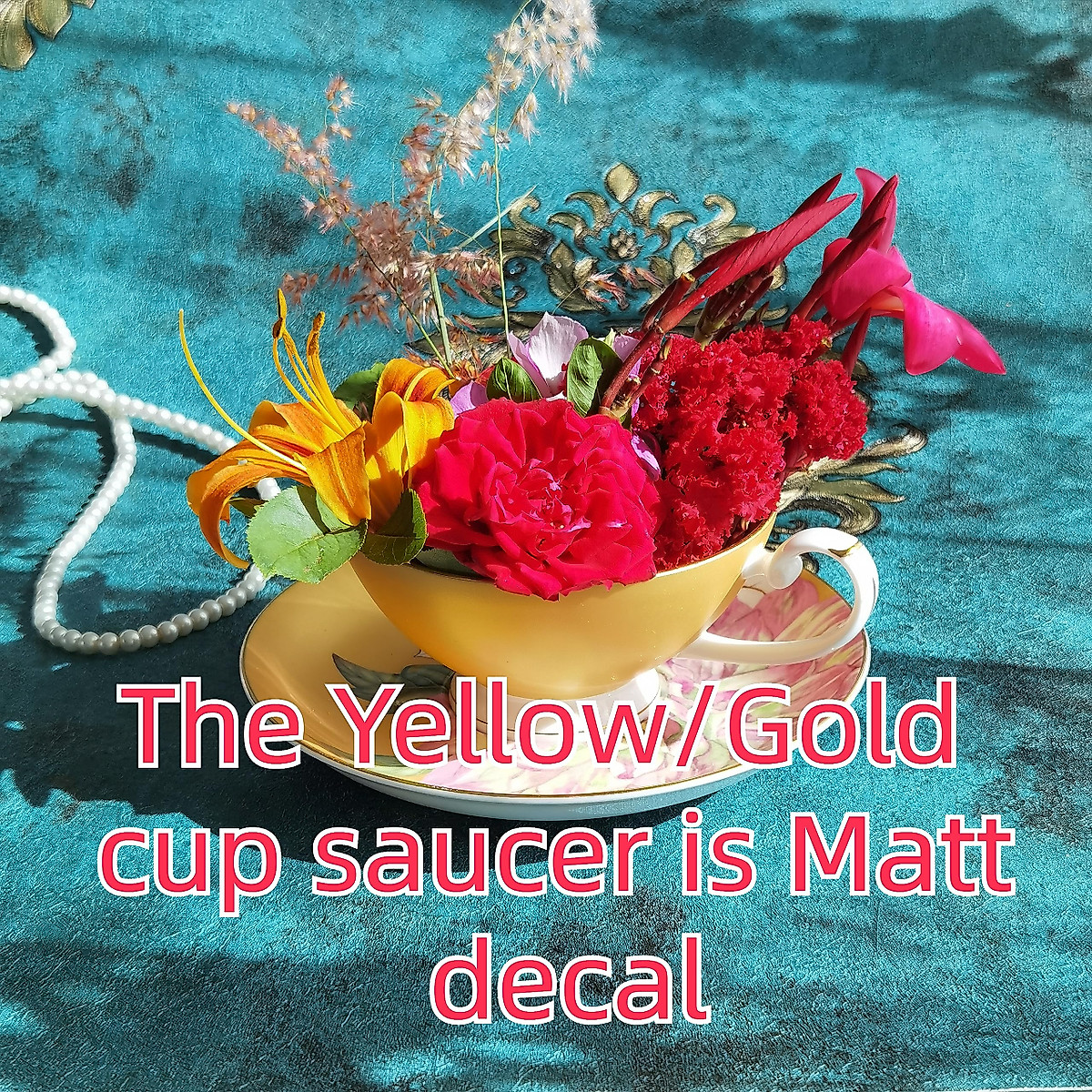 PULCHRITUDIE Fine Bone China Teacup and Saucer Set, English Teasets, Floral Design with Golden Rim, 8oz Cup, Set of Four