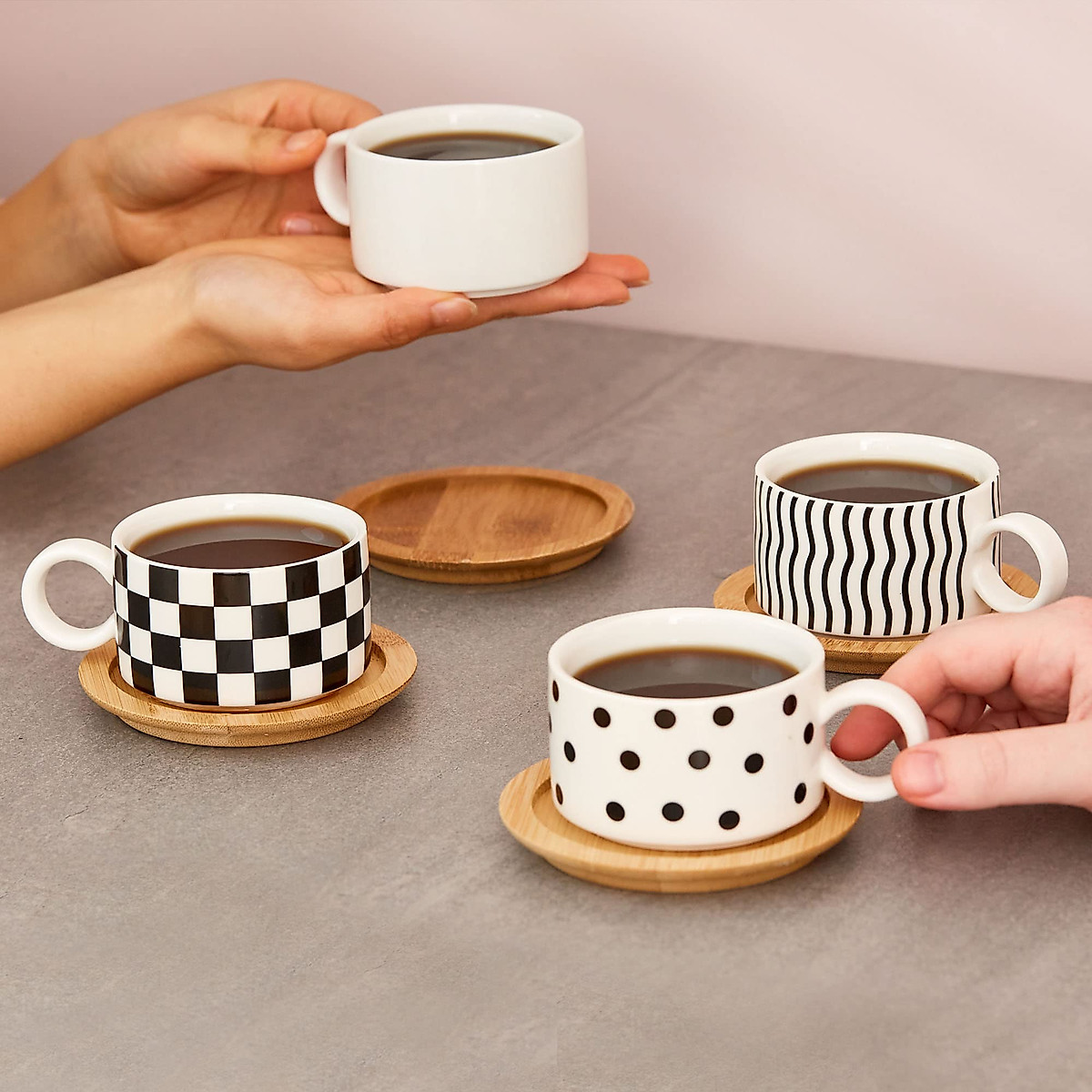 SUPERLY Stackable Espresso Cups Set of 4 - Espresso Mugs with Wooden Saucers, Metal Stand - Durable Porcelain Espresso Cup - Easy To Clean, Dishwasher-Safe - Modern Coffee, Latte, Tea Mug Set - 6 Oz