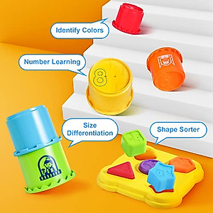iPlay, iLearn Baby Stacking Toys, Toddler Nesting Stack Cups, Infant Stackable Block, Kids Sorting Game W/Shape Sorter for Sand Bath, Birthday Gifts for 12 18 24 Month, 1 2 3 Year Old Boys Girls