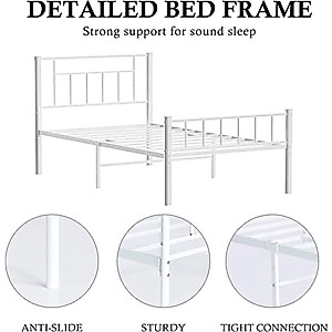 4 EVER WINNER Twin Platform Bed Frame with Headboard, Twin Bed Frames 14 Inch, Heavy Duty Steel Salt Twin Metal Bed Frames, No Box Spring Needed, Mattress Foundation, Anti-Slip (White Twin Bed)