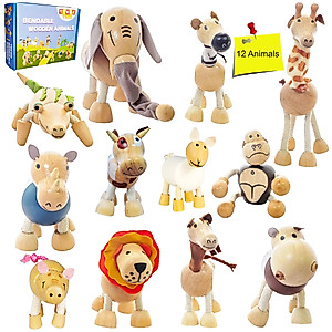 TEKOR Bendable Wooden Animal Toys, Set of 12 | Fun & Posable Farm & Jungle & Safari Animals for Toddlers | Preschool Montessori Toy, Smooth Natural Wood Animals for Girls Boys