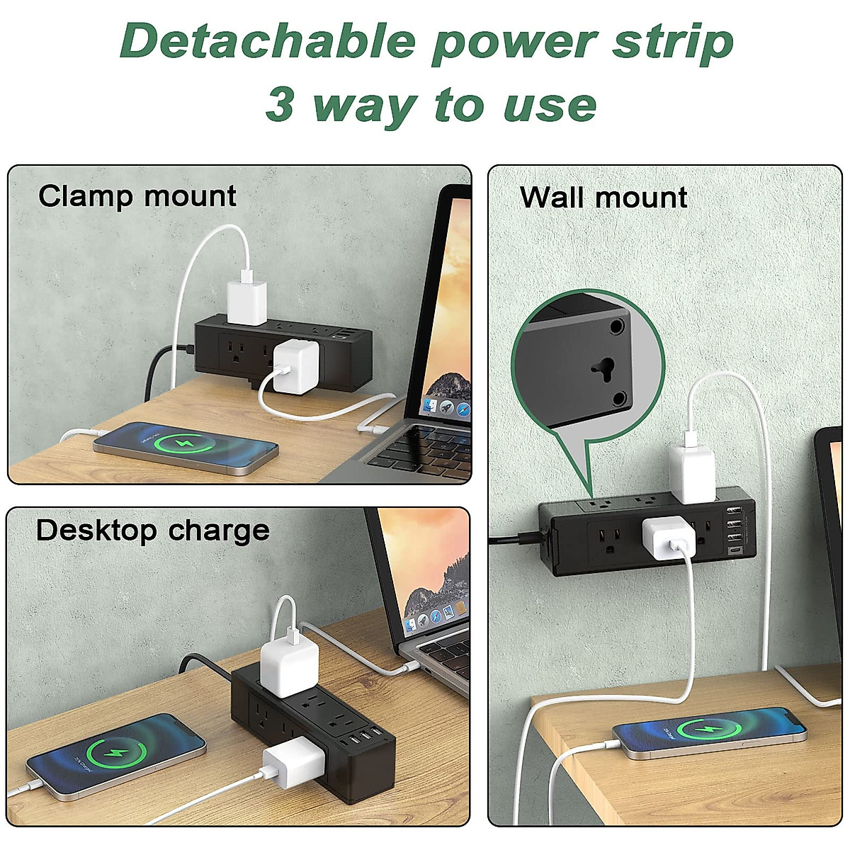 Desk Clamp Power Strip with USB C, Desk Surge Protector Power Strip with 9 AC Plugs 4 USB Ports, Desktop Edge Mount Outlets Charging Station, 6 FT Flat Plug, Removable Clamp Power Strip