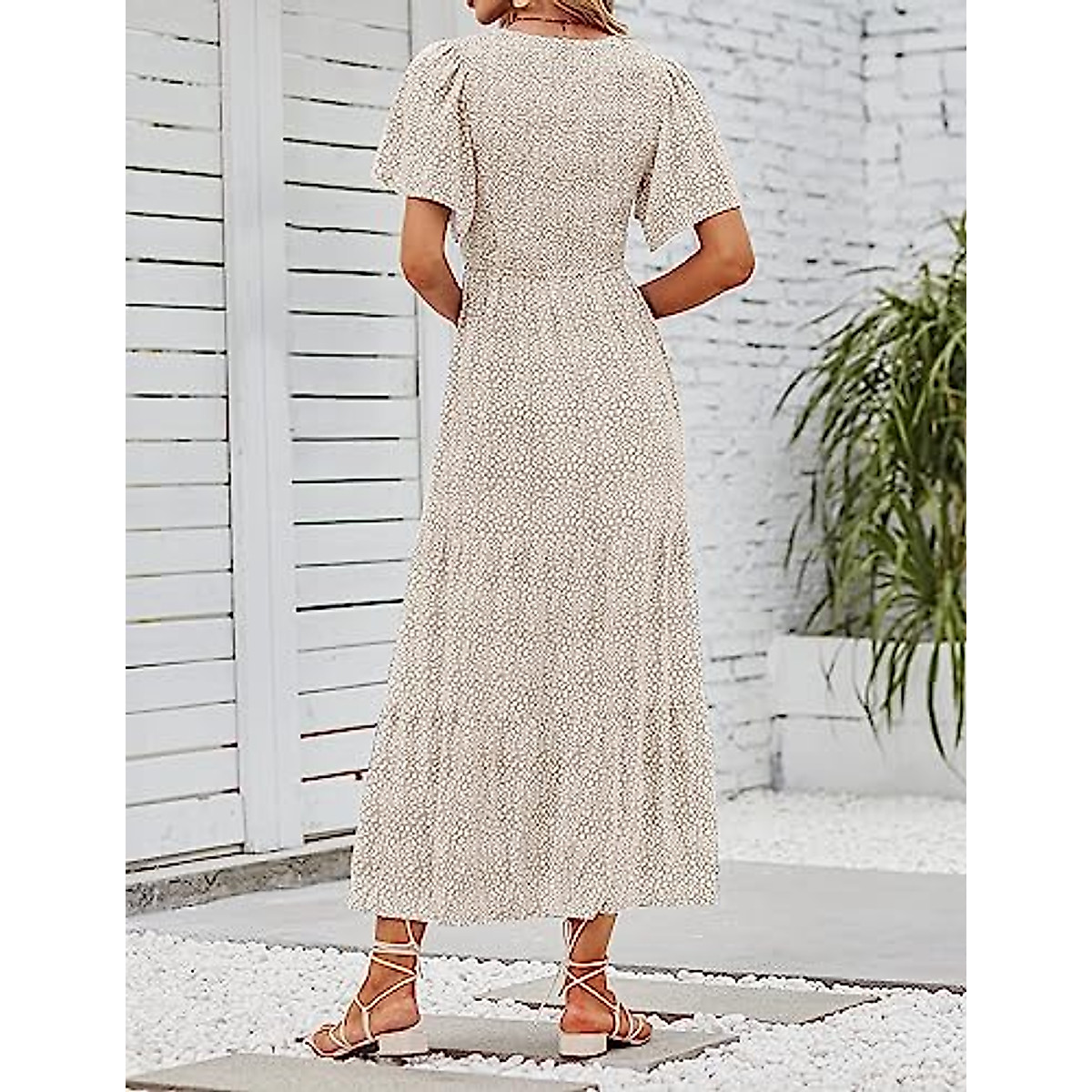 ZESICA Women's 2023 Summer Casual Floral Print Short Flutter Sleeve Crew Neck Smocked High Waist Flowy Maxi Dress,Beige,Small