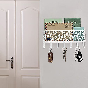 WYTAOHZL Key Holder for Wall Mail and Key Holder for Wall with 7 Key Hooks 11X4.6X2Inches Eucalyptus Design Mail Organizer Wall Mount Key Holder White Metal Key Hooks Key Hangers for Home Decorative