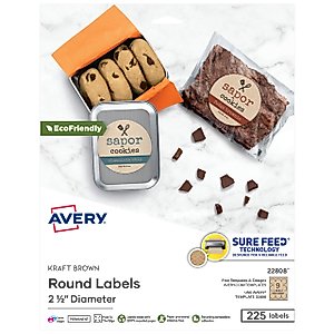 Avery Printable Round Labels, 2.5" Diameter, Kraft Brown, 1,125 Customizable Labels (22808)