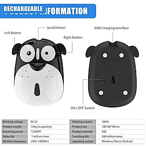 FLY WAY Cute Wireless Mouse, Cartoon Dog 2.4GHz Rechargeable Cordless Mouse with Nano USB Receiver Children Mice Kids Gaming Mouse for Notebook,Laptop,PC,Desktop (black)