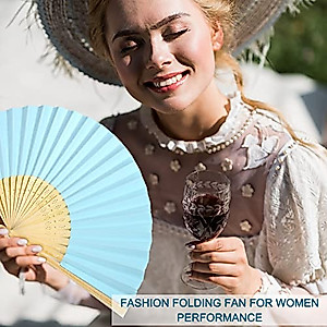 Roowest 50 Pack Handmade Paper Folding Fans with Gift Bags Thank You Card, Bamboo Handheld Folded Fan for Home DIY Office Decor Wedding Party Baby Shower Party Gift Accessories (Blue)