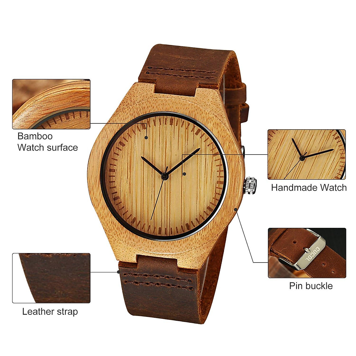 CUCOL Mens Wooden Watches Brown Cowhide Leather Strap Casual Watch for Groomsmen Gift with Box