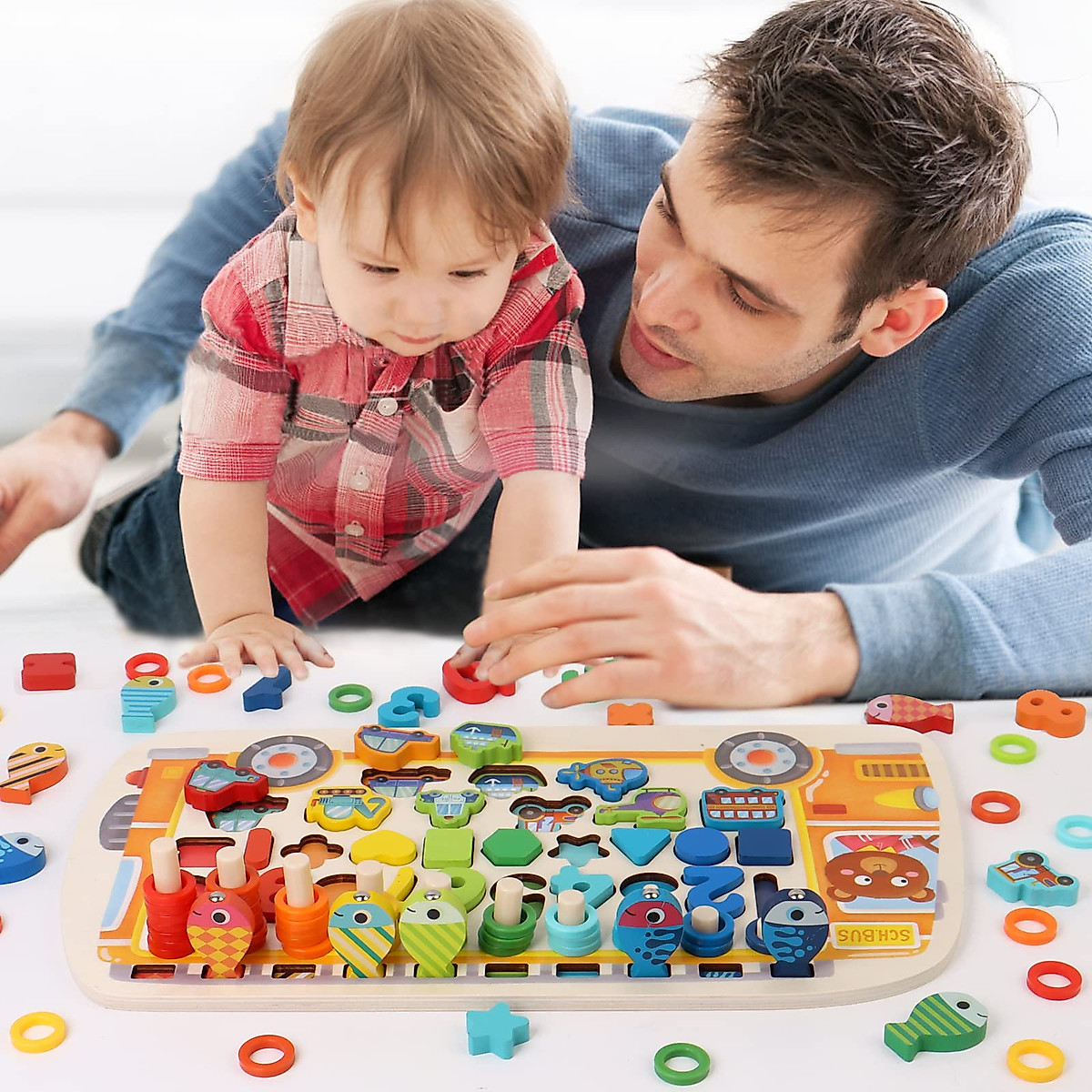 Busy School Bus Learning Montessori Toys for Preschool Toddlers, Puzzles, Math Games, Numbers, Shapes Classifiers, Counting, Stacking and Fishing, Activity Gifts for Boys and Girls of 3 to 5 Years