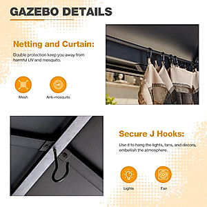MELLCOM 12 x 14 FT Iron Hardtop Gazebo, Double Roof Design with Curtains and Netting, Waterproof Canopy Gazebos with Anti-Rust Coating Frame for Patios, Lawns, Gardens, and Backyard
