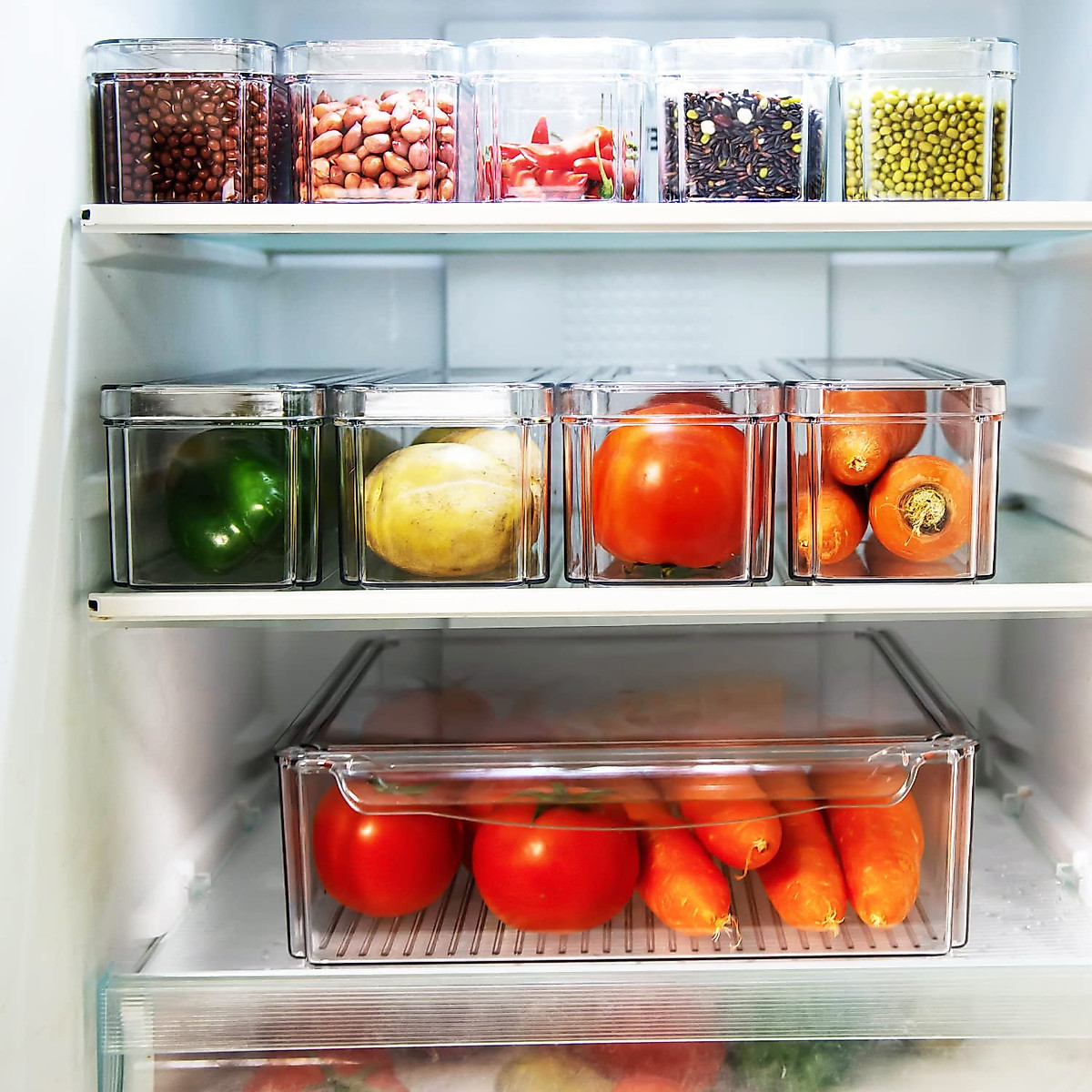 Homics Set of 10 Refrigerator Freezer Organizer Bins, Stackable Organization and Storage Containers for Food, Fruits, Vegetable, Pantry, Clear Containers with Lids BPA Free