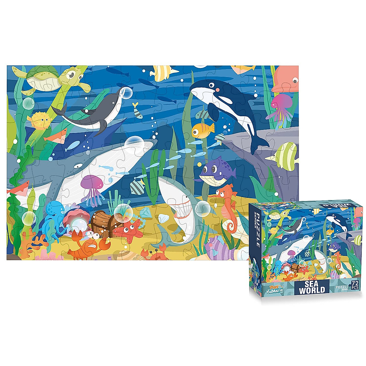 Jumbo Floor Puzzles for Kids Ages 3-5 Preschool Learning Toys Sea Animals Puzzles for Toddlers&Kids Ages 2-4 Years Old,72 Pieces Blue Card Material (Sea World)